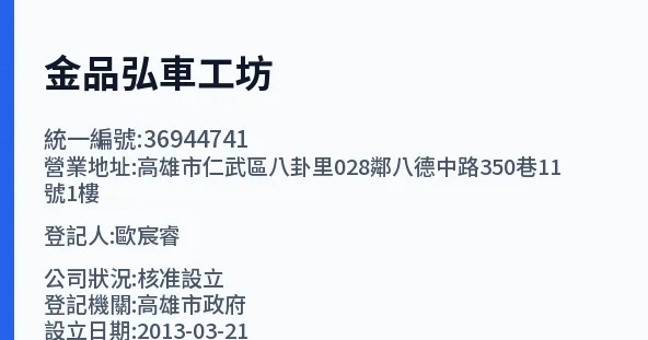金品弘車工坊的照片-統編 36944741(高雄市) 公司登記資料與營業項目詳細圖表