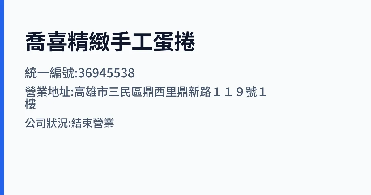 喬喜精緻手工蛋捲 - 統編 36945538（高雄市） 公司登記資料與營業項目詳細圖表