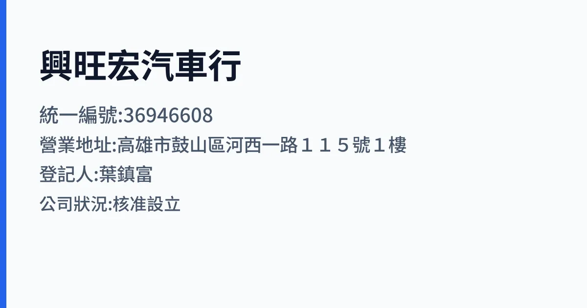 興旺宏汽車行 - 統編 36946608(高雄市) 公司登記資料與營業項目詳細圖表