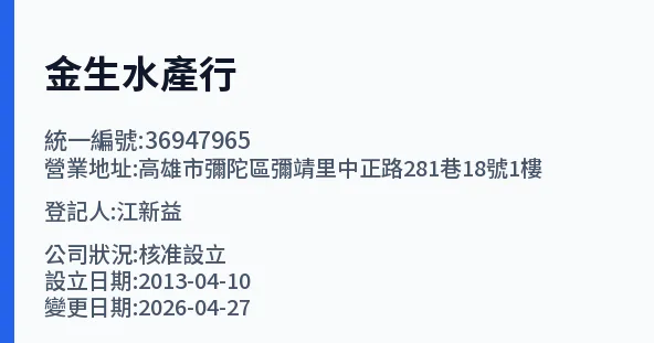 金生水產行的照片-統編 36947965(高雄市) 公司登記資料與營業項目詳細圖表