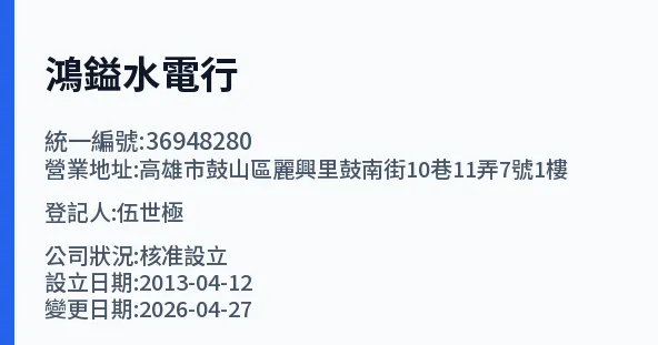鴻鎰水電行的照片-統編 36948280(高雄市) 公司登記資料與營業項目詳細圖表