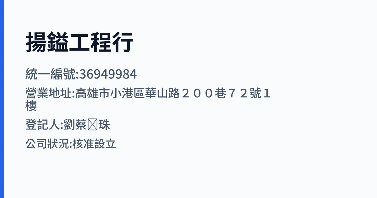 揚鎰工程行 - 統編 36949984(高雄市) 公司登記資料與營業項目詳細圖表