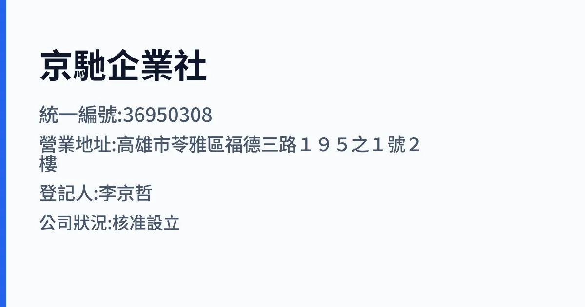 京馳企業社 - 統編 36950308(高雄市) 公司登記資料與營業項目詳細圖表