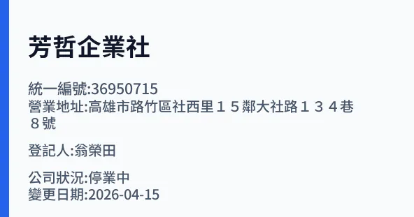 芳哲企業社的照片-統編 36950715(高雄市) 公司登記資料與營業項目詳細圖表