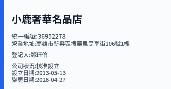 小鹿奢華名品店的照片-統編 36952278(高雄市) 公司登記資料與營業項目詳細圖表