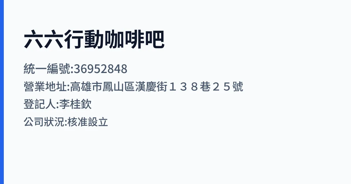 六六行動咖啡吧 - 統編 36952848(高雄市) 公司登記資料與營業項目詳細圖表