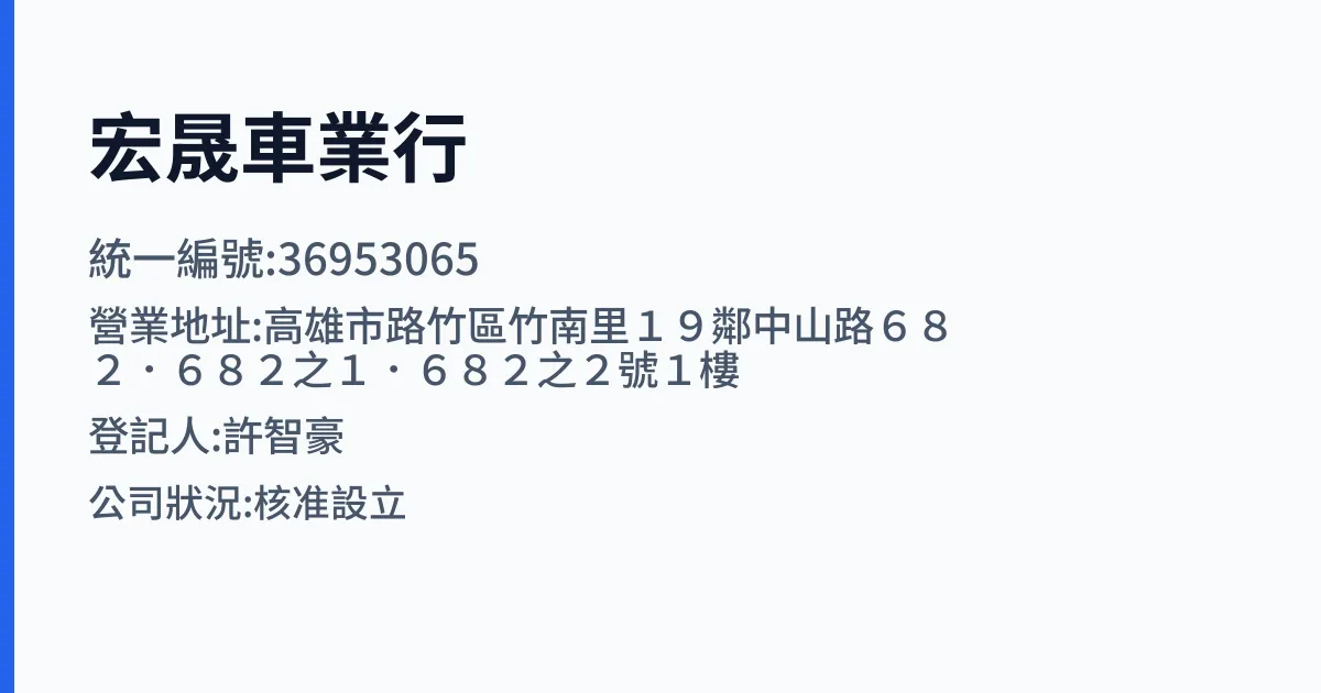 宏晟車業行 - 統編 36953065(高雄市) 公司登記資料與營業項目詳細圖表