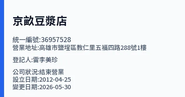 京畝豆漿店的照片-統編 36957528(高雄市) 公司登記資料與營業項目詳細圖表
