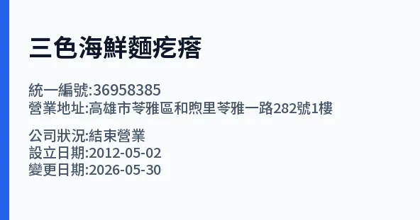 三色海鮮麵疙瘩的照片-統編 36958385(高雄市) 公司登記資料與營業項目詳細圖表