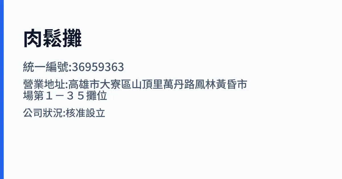 肉鬆攤 - 統編 36959363 (高雄市) 公司登記資料與營業項目詳細圖表
