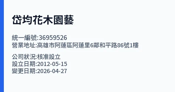 岱均花木園藝的照片-統編 36959526(高雄市) 公司登記資料與營業項目詳細圖表