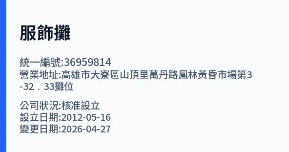 服飾攤的照片-統編 36959814(高雄市) 公司登記資料與營業項目詳細圖表