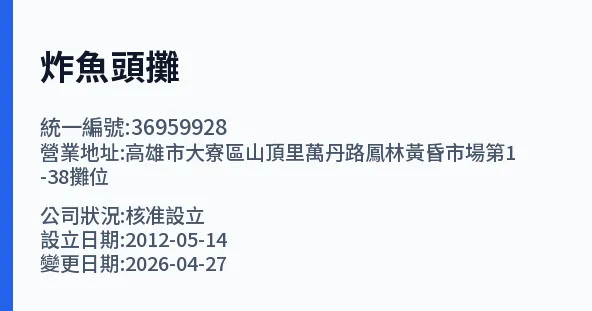 炸魚頭攤的照片-統編 36959928(高雄市) 公司登記資料與營業項目詳細圖表