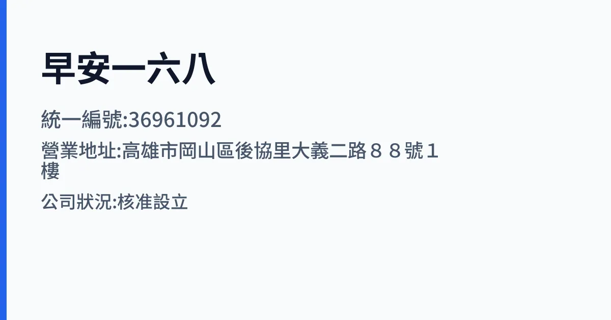 早安一六八 - 統編 36961092(高雄市) 公司登記資料與營業項目詳細圖表