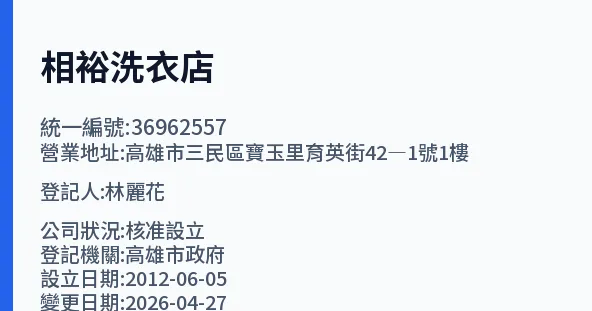 相裕洗衣店的照片-統編 36962557(高雄市) 公司登記資料與營業項目詳細圖表