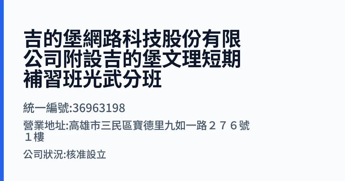 吉的堡網路科技股份有限公司附設吉的堡文理短期補習班光武分班 - 統編 36963198（高雄市） 公司登記資料與營業項目詳細圖表