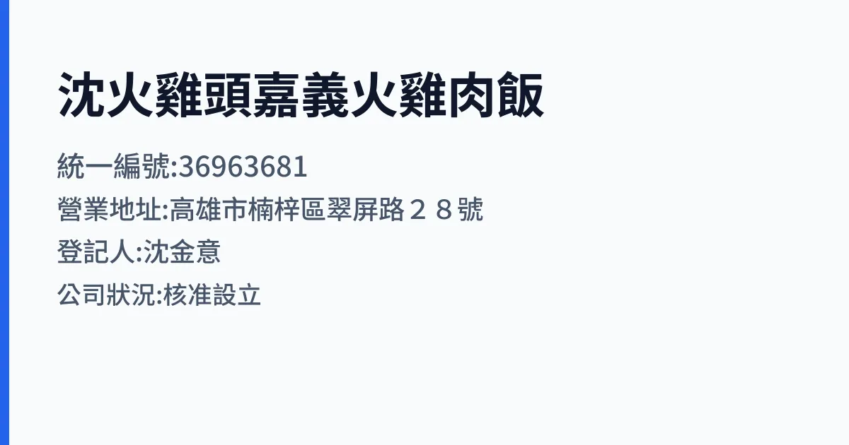 沈火雞頭嘉義火雞肉飯 - 統編 36963681(高雄市) 公司登記資料與營業項目詳細圖表