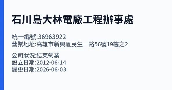 石川島大林電廠工程辦事處的照片-統編 36963922(高雄市) 公司登記資料與營業項目詳細圖表