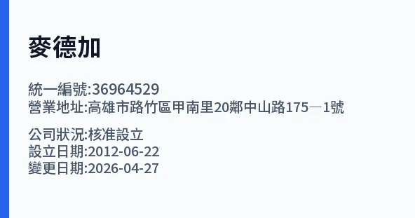 麥德加的照片-統編 36964529(高雄市) 公司登記資料與營業項目詳細圖表