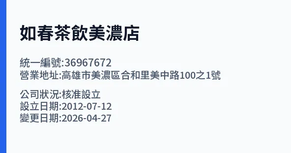 如春茶飲美濃店的照片-統編 36967672(高雄市) 公司登記資料與營業項目詳細圖表
