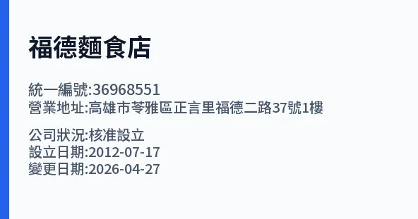福德麵食店的照片-統編 36968551(高雄市) 公司登記資料與營業項目詳細圖表