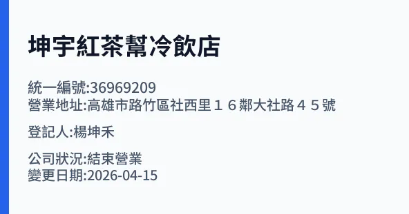 坤宇紅茶幫冷飲店的照片-統編 36969209(高雄市) 公司登記資料與營業項目詳細圖表