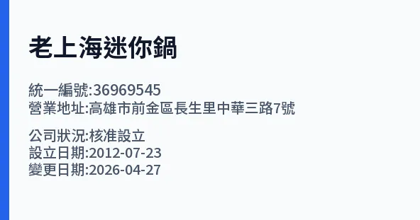老上海迷你鍋的照片-統編 36969545(高雄市) 公司登記資料與營業項目詳細圖表