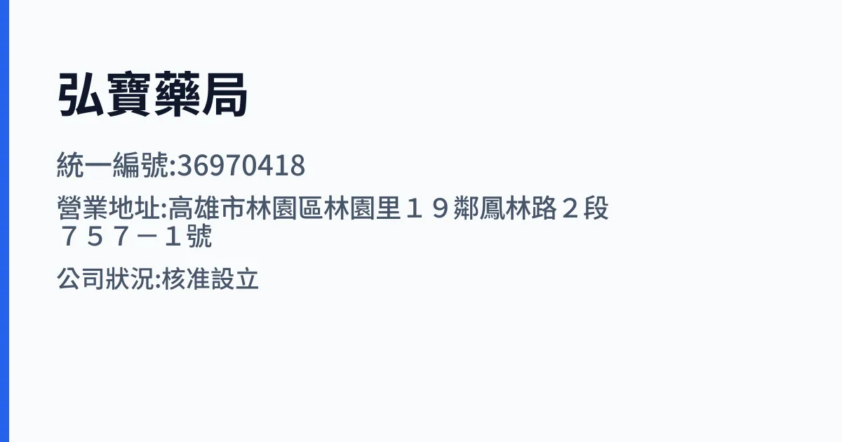 弘寶藥局 - 統編 36970418(高雄市) 公司登記資料與營業項目詳細圖表