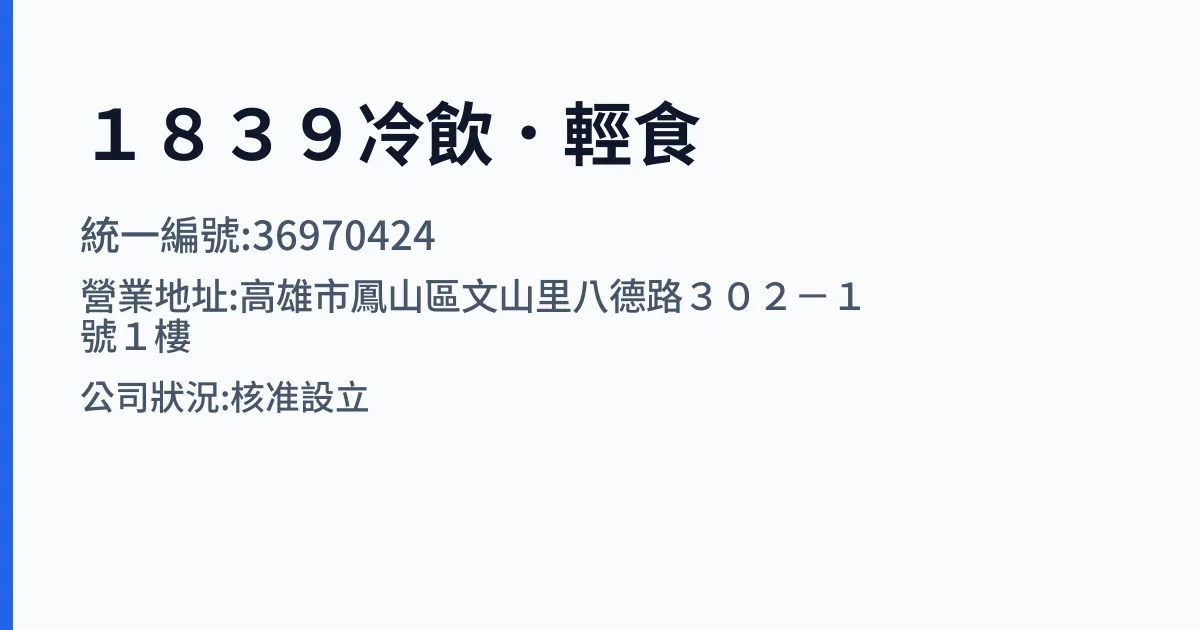 １８３９冷飲．輕食 - 統編 36970424(高雄市) 公司登記資料與營業項目詳細圖表