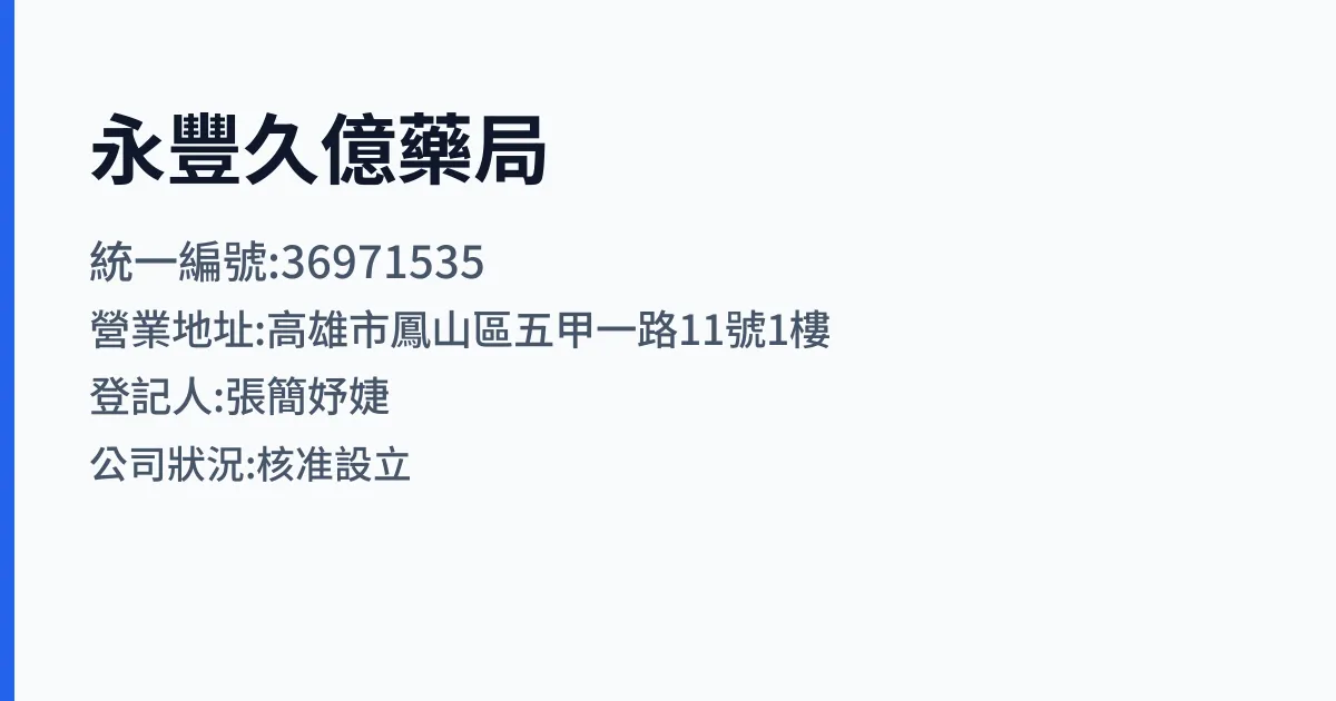 永豐久億藥局 - 統編 36971535(高雄市) 公司登記資料與營業項目詳細圖表