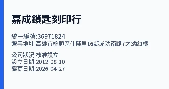 嘉成鎖匙刻印行的照片-統編 36971824(高雄市) 公司登記資料與營業項目詳細圖表