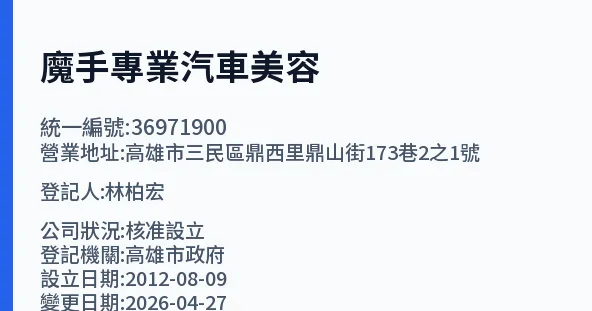 魔手專業汽車美容的照片-統編 36971900(高雄市) 公司登記資料與營業項目詳細圖表