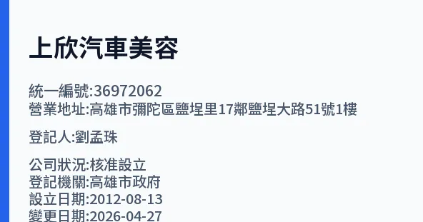 上欣汽車美容的照片-統編 36972062(高雄市) 公司登記資料與營業項目詳細圖表