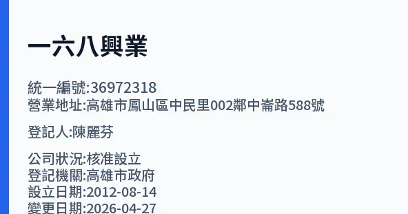 一六八興業的照片-統編 36972318(高雄市) 公司登記資料與營業項目詳細圖表