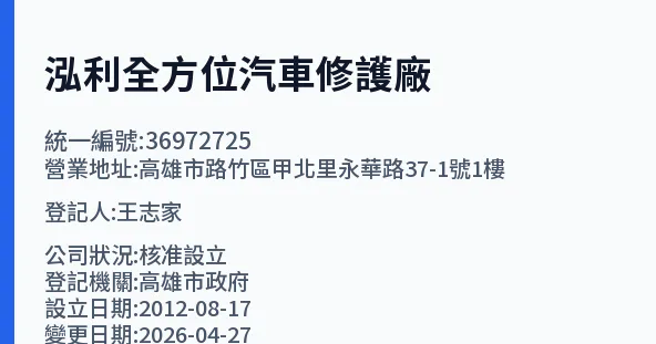 泓利全方位汽車修護廠的照片-統編 36972725(高雄市) 公司登記資料與營業項目詳細圖表