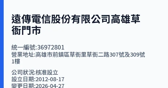 遠傳電信股份有限公司高雄草衙門市的照片-統編 36972801(高雄市) 公司登記資料與營業項目詳細圖表