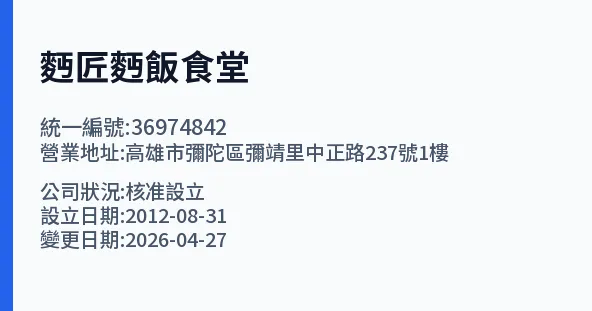 麪匠麪飯食堂的照片-統編 36974842(高雄市) 公司登記資料與營業項目詳細圖表