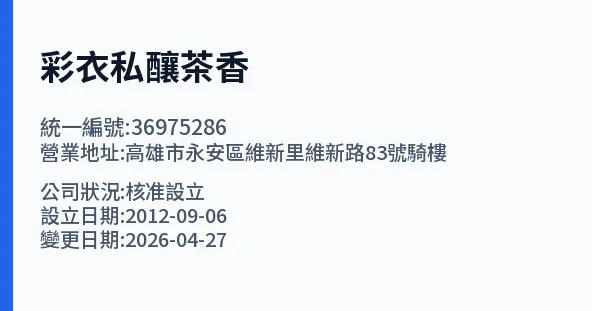 彩衣私釀茶香的照片-統編 36975286(高雄市) 公司登記資料與營業項目詳細圖表