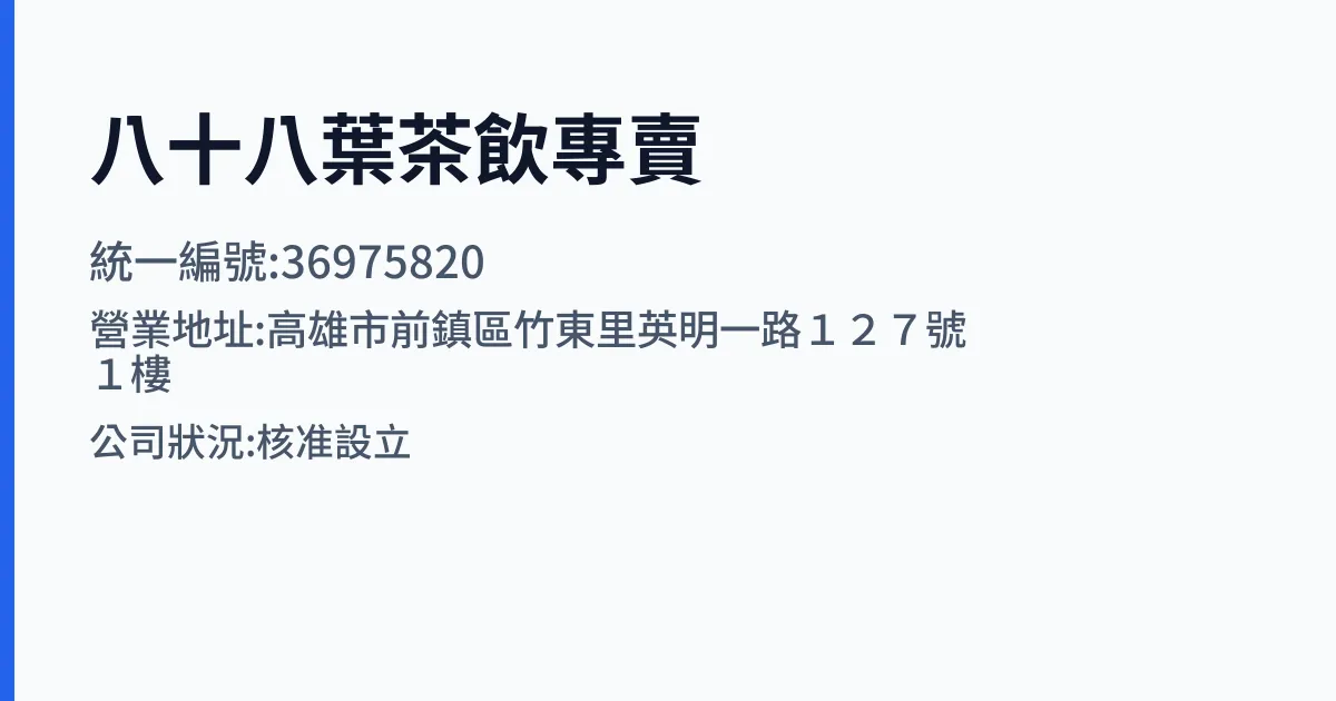 八十八葉茶飲專賣 - 統編 36975820(高雄市) 公司登記資料與營業項目詳細圖表