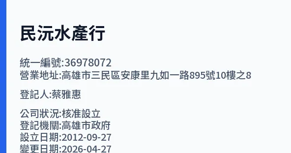 民沅水產行的照片-統編 36978072(高雄市) 公司登記資料與營業項目詳細圖表