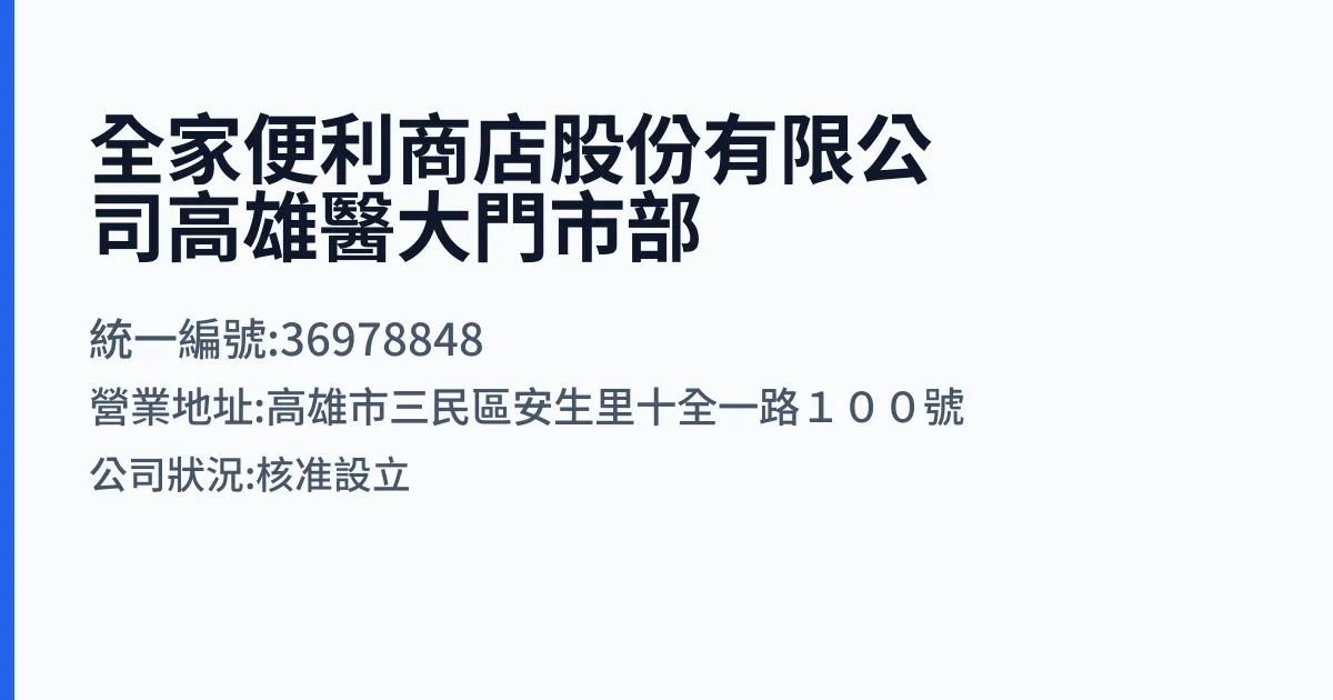 全家便利商店股份有限公司高雄醫大門市部 - 統編 36978848(高雄市) 公司登記資料與營業項目詳細圖表