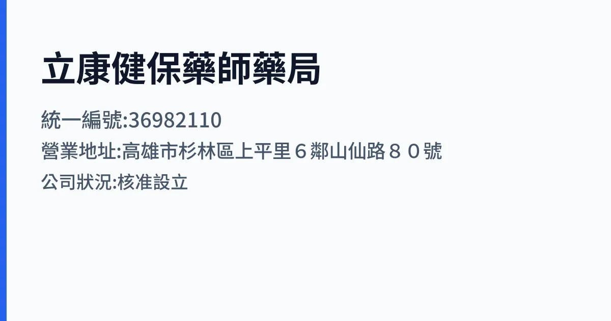 立康健保藥師藥局 - 統編 36982110(高雄市) 公司登記資料與營業項目詳細圖表