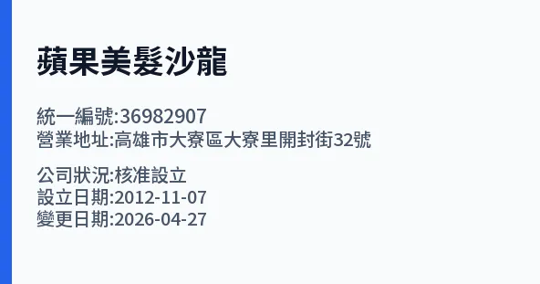 蘋果美髮沙龍的照片-統編 36982907(高雄市) 公司登記資料與營業項目詳細圖表