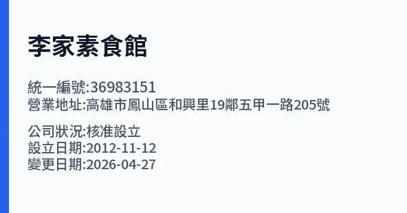李家素食館的照片-統編 36983151(高雄市) 公司登記資料與營業項目詳細圖表