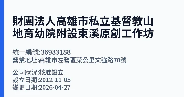 財團法人高雄市私立基督教山地育幼院附設東溪原創工作坊的照片-統編 36983188(高雄市) 公司登記資料與營業項目詳細圖表