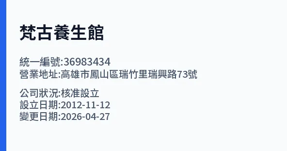 梵古養生館的照片-統編 36983434(高雄市) 公司登記資料與營業項目詳細圖表
