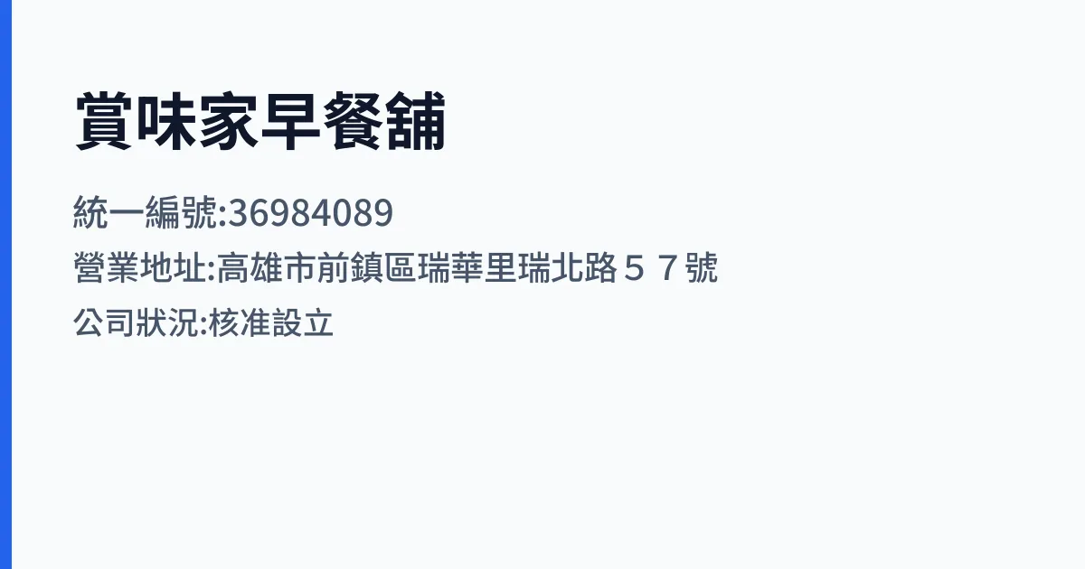 賞味家早餐舖 - 統編 36984089(高雄市) 公司登記資料與營業項目詳細圖表