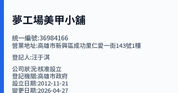 夢工場美甲小舖的照片-統編 36984166(高雄市) 公司登記資料與營業項目詳細圖表