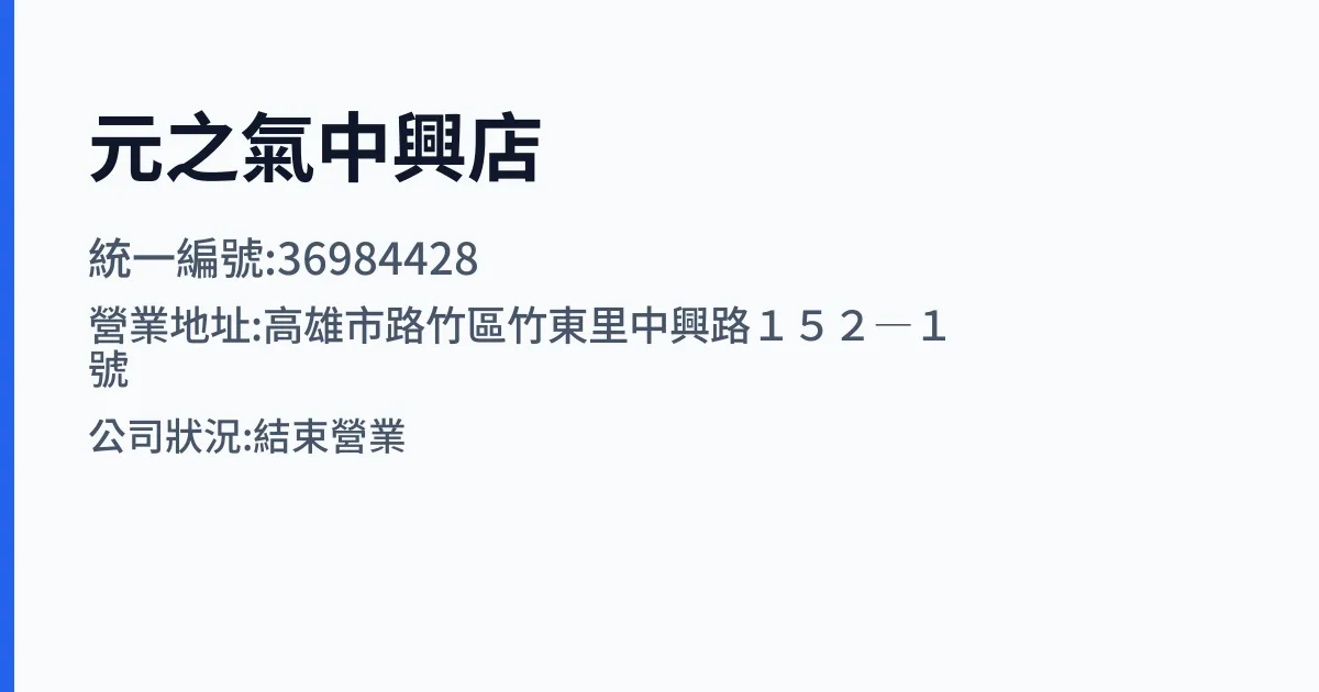 元之氣中興店 - 統編 36984428(高雄市) 公司登記資料與營業項目詳細圖表