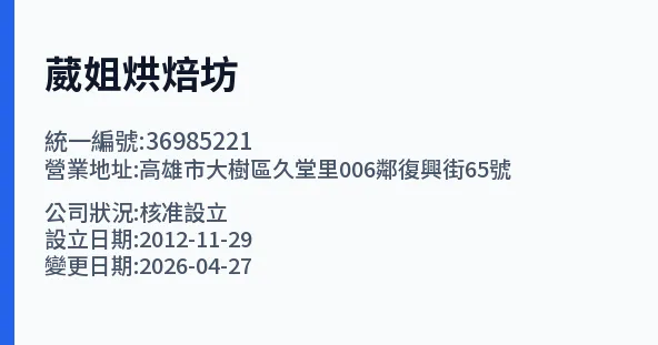 葳姐烘焙坊的照片-統編 36985221(高雄市) 公司登記資料與營業項目詳細圖表
